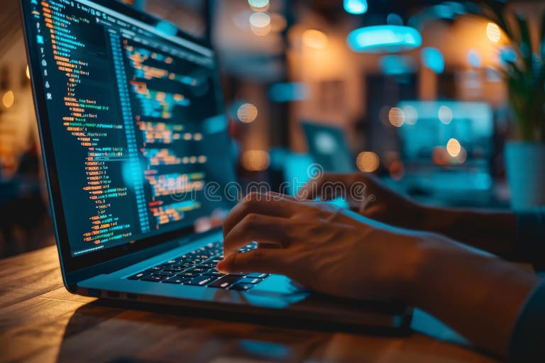 Programmer is Hands on Keyboard Writing Source Code, on Screen Monitor Showing Writing Code ...