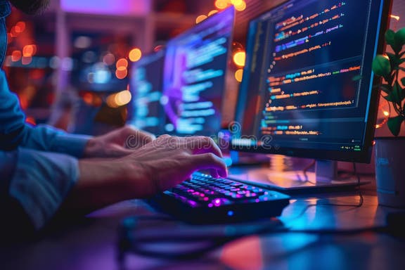 Programmer is Hands on Keyboard Writing Source Code, on Screen Monitor ...