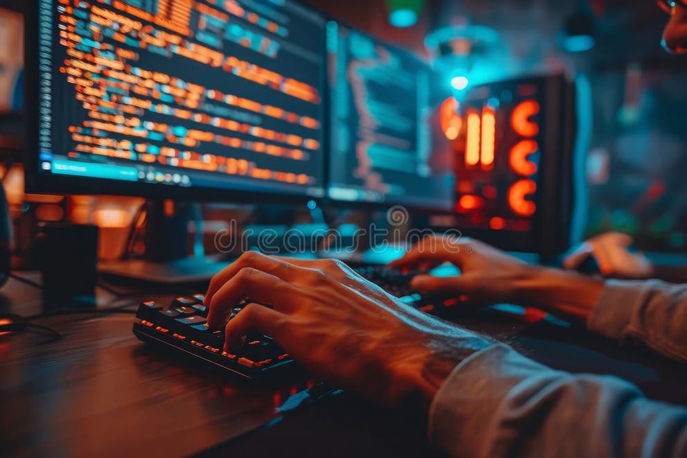 Programmer is Hands on Keyboard Writing Source Code, on Screen Monitor ...