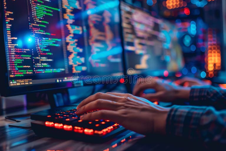 Programmer is Hands on Keyboard Writing Source Code, on Screen Monitor ...