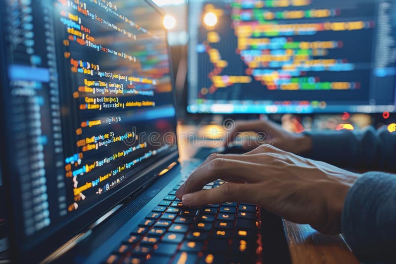 Programmer is Hands on Keyboard Writing Source Code, on Screen Monitor Showing Writing Code ...