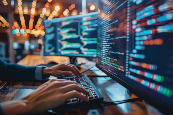 Programmer is Hands on Keyboard Writing Source Code, on Screen Monitor ...