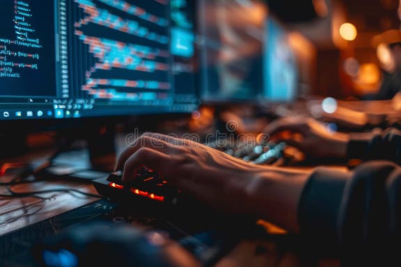 Programmer is Hands on Keyboard Writing Source Code, on Screen Monitor ...