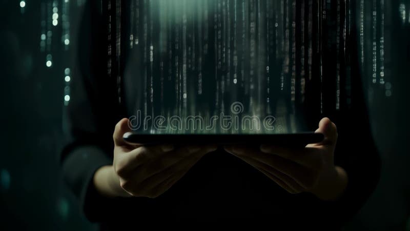 Programmer Holding Tablet with Falling Binary Code in the Dark Stock Video - Video of dark ...