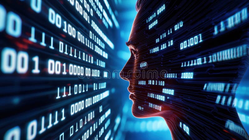 Programmer Immersed in a Digital World, Analyzing a Stream of Binary Code Projected Onto Their ...