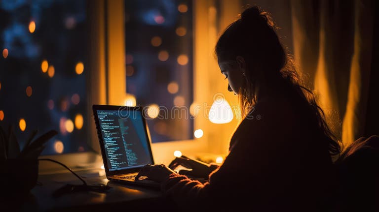 Late Night Coding Session Home Office Digital Work Cozy Environment Side View Creative ...