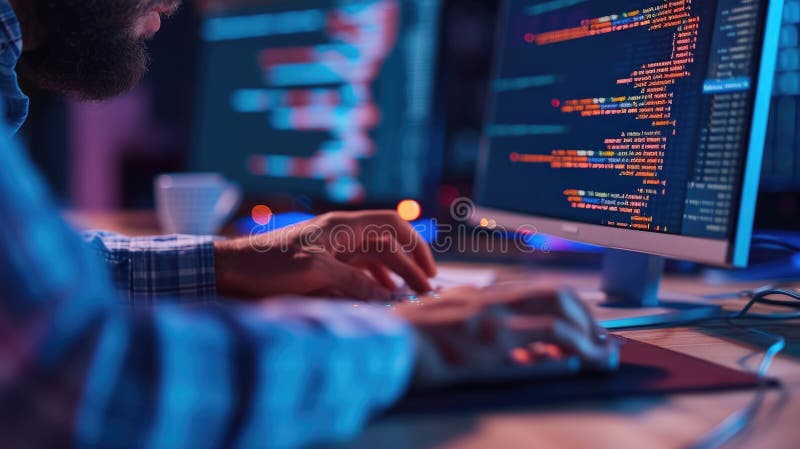 Programmer Immersed In Late Night Coding Session Aig41 Stock Image