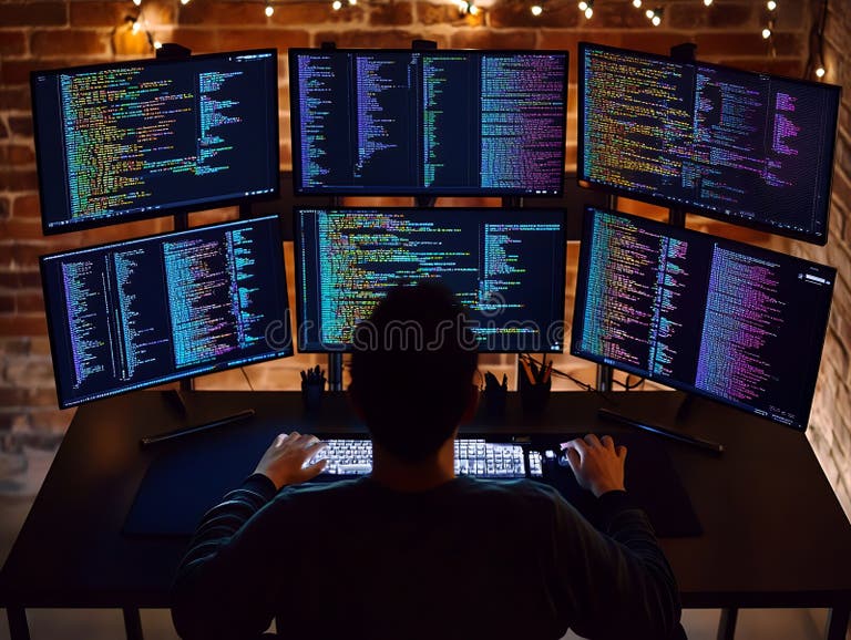 A Programmer Intensely Focused on Code at a Multi-monitor Setup, Surrounded by a High-tech ...