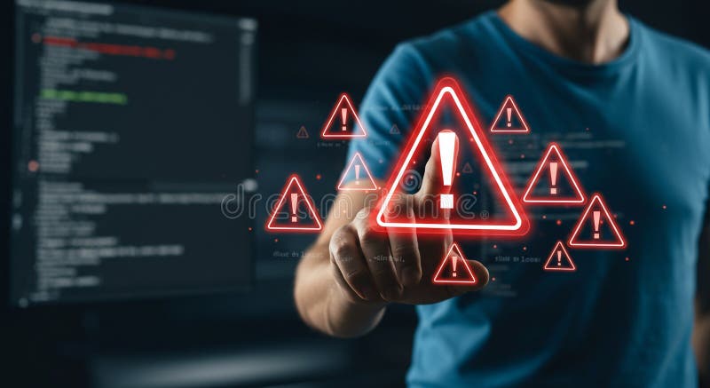 Programmer Interacting with Glowing Red Warning Triangles Stock ...