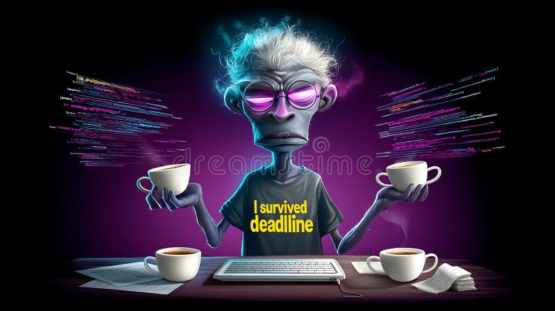 Programmer Juggling Multiple Coffee Cups with a Goofy Tired Expression ...