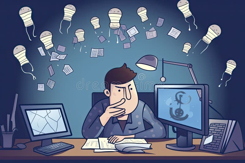 Programmer with Light Bulb for a Head Stares at His Computer Where an ...