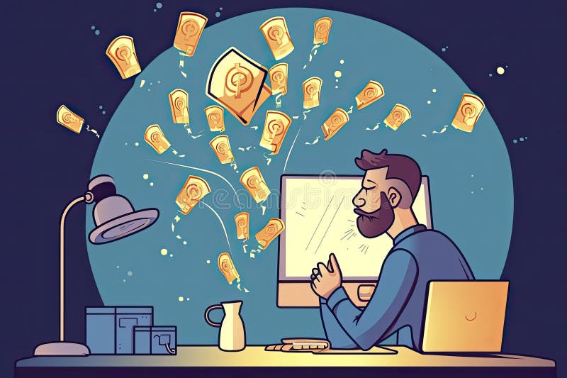 Programmer with Light Bulb for a Head Stares at His Computer Where an ...