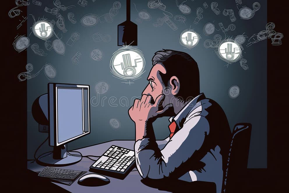 Programmer with Light Bulb for a Head Stares at His Computer Where an ...