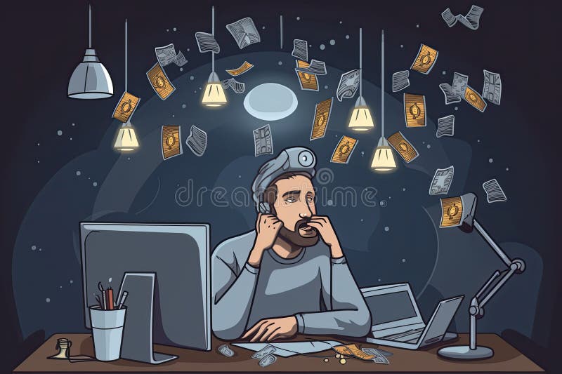 Programmer with Light Bulb for a Head Stares at His Computer Where an ...