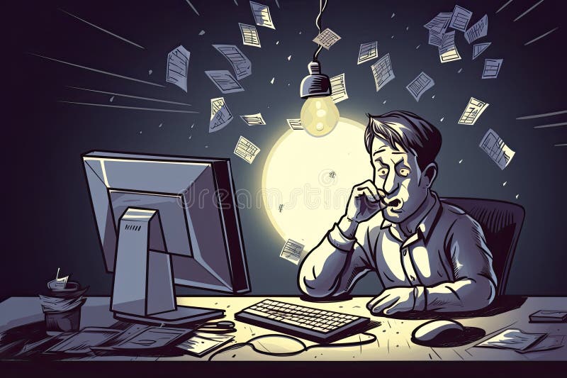 Programmer with Light Bulb for a Head Stares at His Computer Where an ...