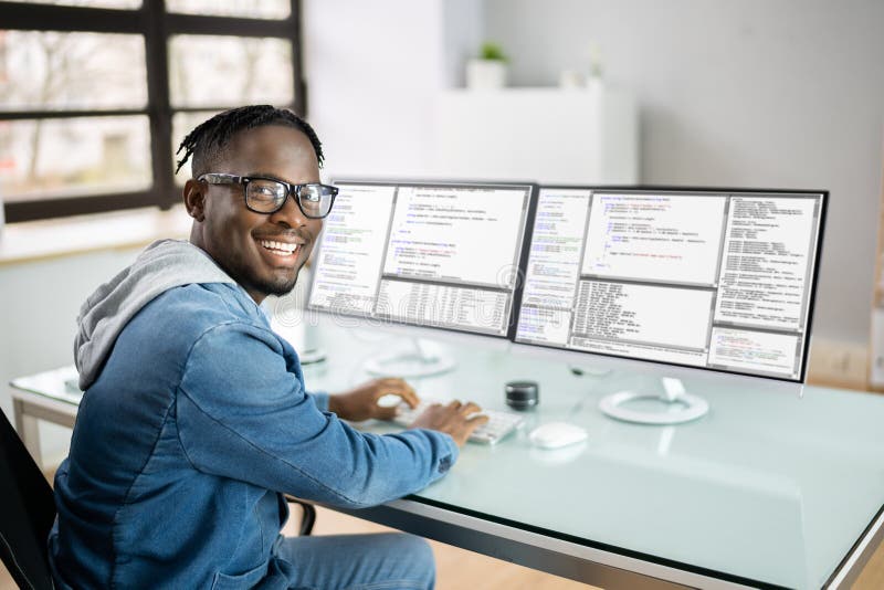 Programmer Man Coding on Computer Stock Photo - Image of developer ...