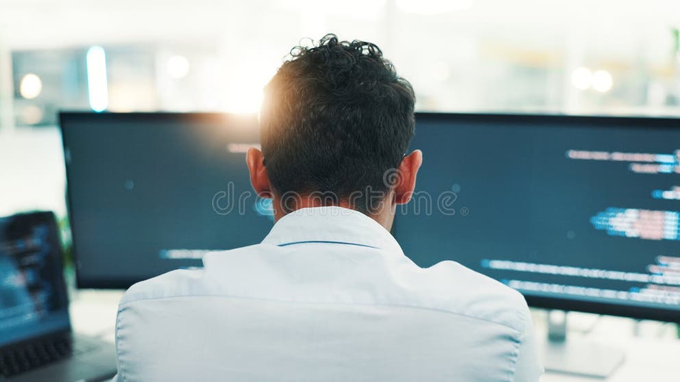 Programmer, Man and Computer Screen with Reading in Office for Writing Code, Planning Digital ...