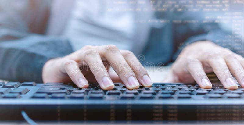 Programmer Man Hand Typing on Keyboard at Desktop Pc To Input Code Language into Software Stock ...