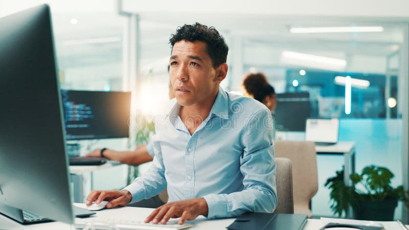 Programmer Man And Reading Computer In Office For Software Development