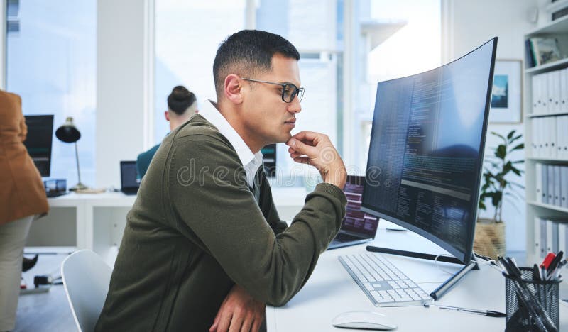 Programmer Man Software Development And Thinking At Computer For Coding Software Script Or 5056