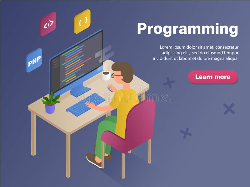 Programmer Man At Work Concept Banner Flat Isometric Vector
