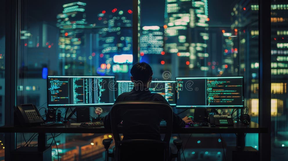 The Programmer with Multiple Monitors.AI Generated Image Stock Photo ...