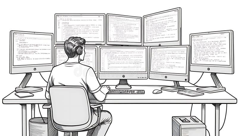 Programmer with Multiple Monitors Stock Illustration - Illustration of document, clothing: 386135306