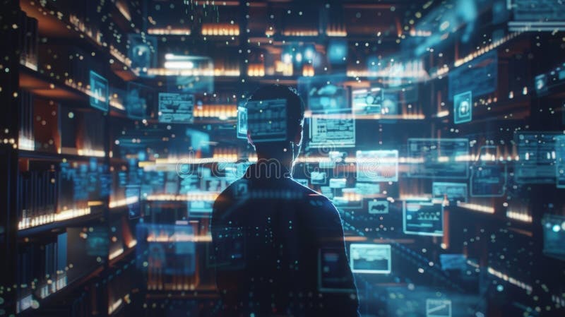 Programmer Navigating Futuristic Library with Augmented Reality Interface Stock Photo - Image of ...
