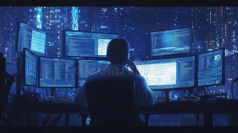 Programmer Night Cityscape Multiple Monitors Coding Software Developer Stock Photos - Free ...