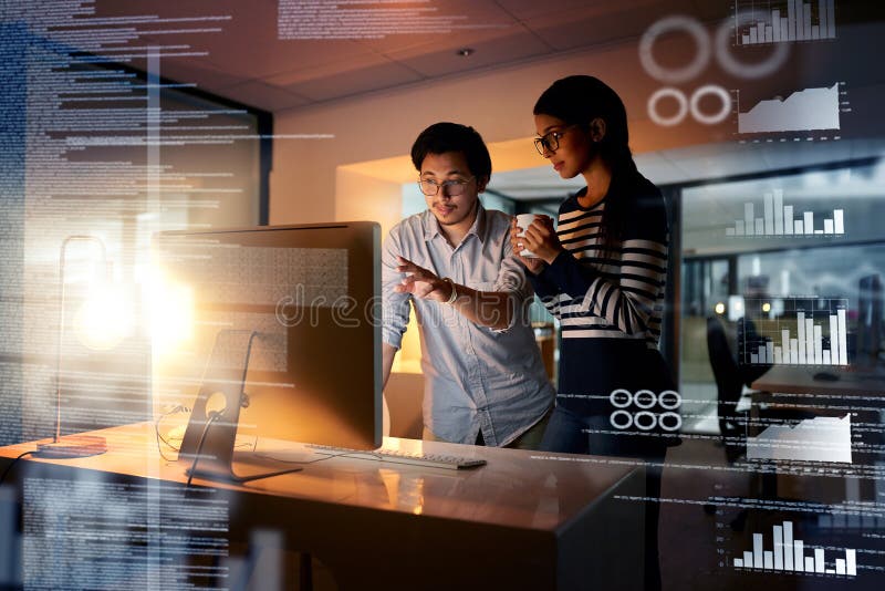 Programmer, Office and Dashboard Overlay at Night with Staff and ...