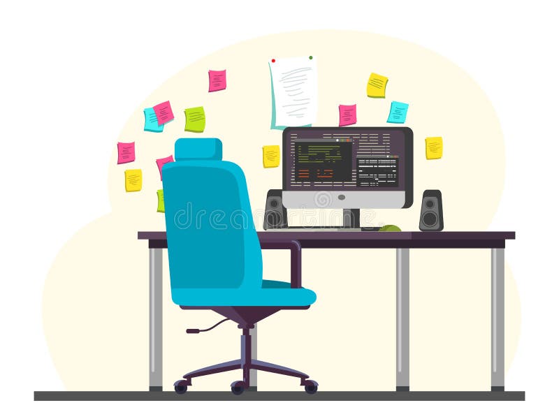 Programmer Office Workplace with Computer on Desk Stock Vector ...