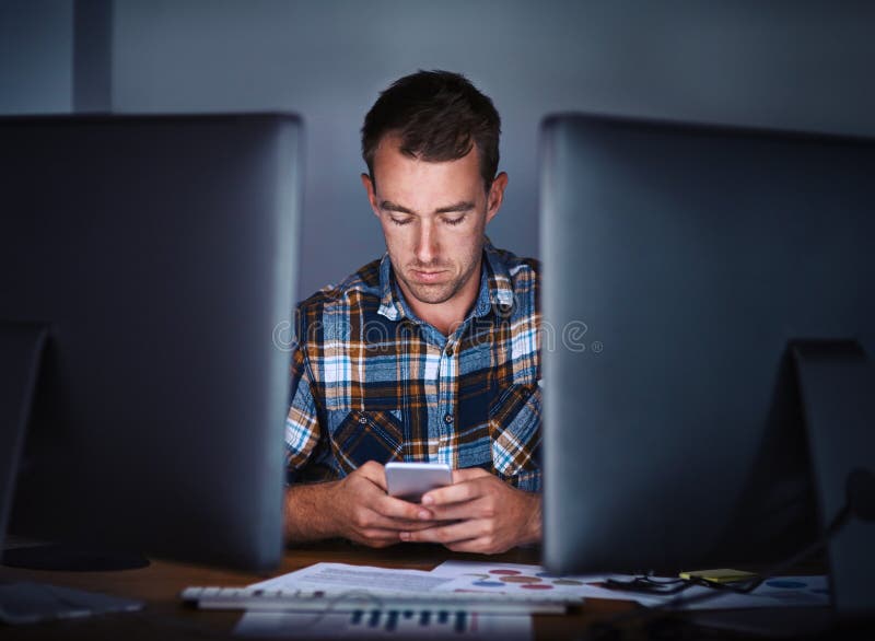 Programmer, Phone and Text of Business Man at Computer with Social ...