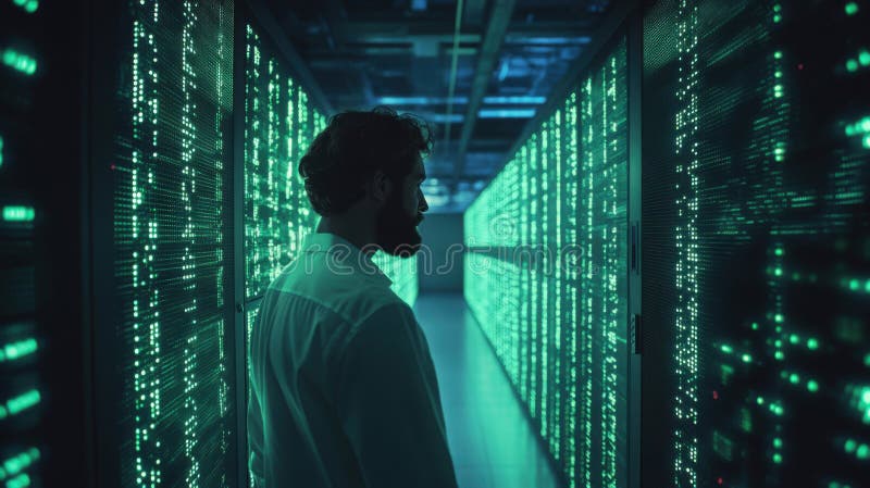 Programmer at a Privacy Data Leak Analysis Screen in a Big Data Server Room Stock Illustration ...
