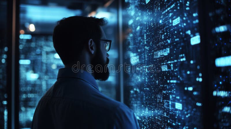 Programmer at a Privacy Data Leak Analysis Screen in a Big Data Server Room Stock Illustration ...