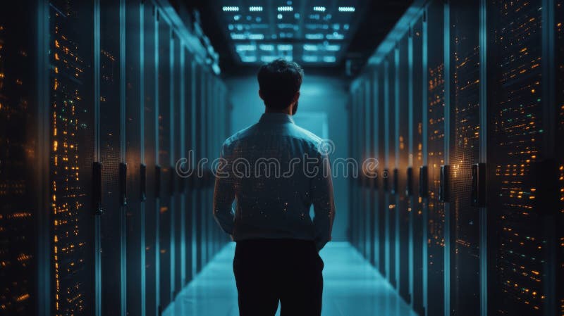 Programmer at a Privacy Data Leak Analysis Screen in a Big Data Server Room Stock Illustration ...
