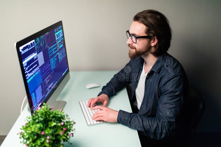 Programmer Profession Man Writing Programming Code on Laptop Computer ...