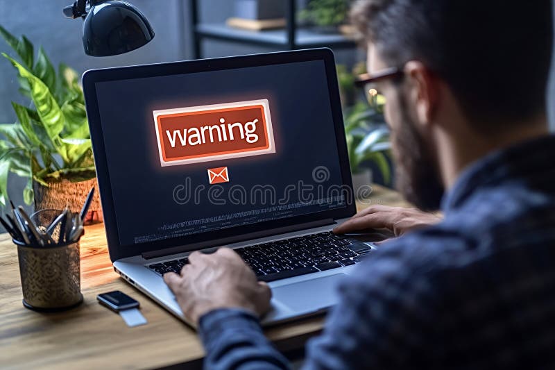 Programmer Receiving Warning Message on Laptop Screen while Working ...