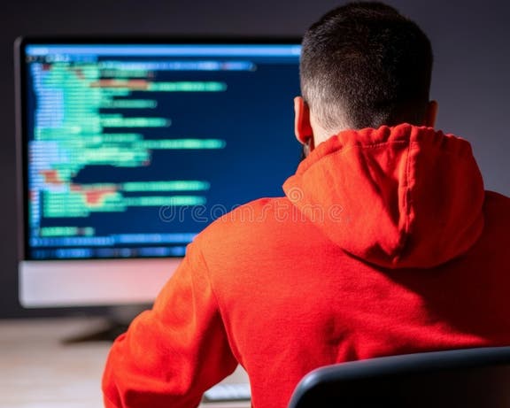 Programmer in Red Hoodie Coding on Multiple Screens in Dark Room Symbolizing Cyber Security ...