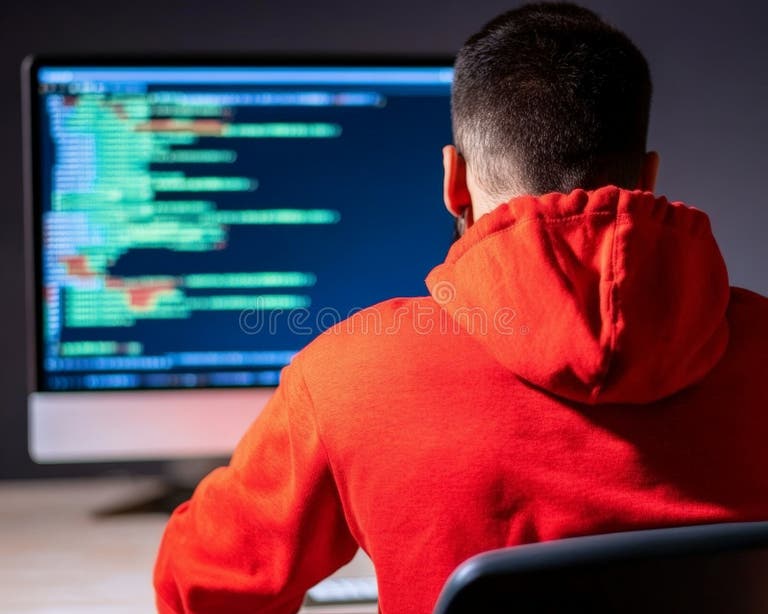 Programmer in Red Hoodie Coding on Multiple Screens in Dark Room ...