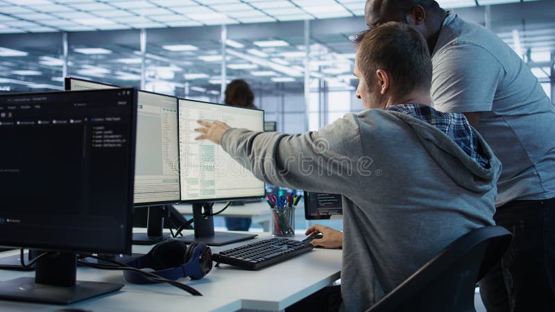 Programmer Requesting Help from Manager while Working on Computer in Data Center Stock Photo ...