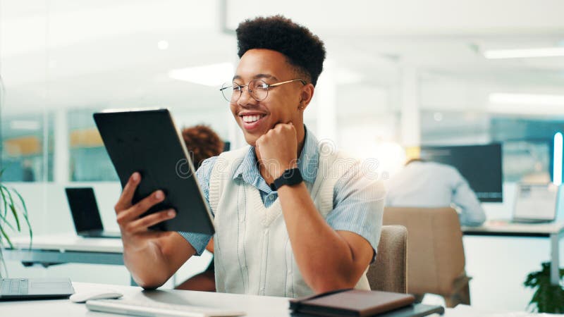 Programmer Research Or Man With Smile Or Tablet For Reading Code App Development Or Debugging