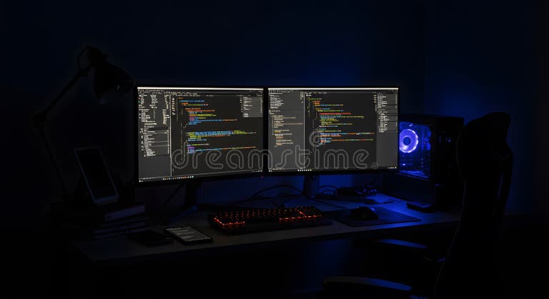Programmer S Desk with Dual Monitors Displaying Code in a Dark Room Stock Illustration ...