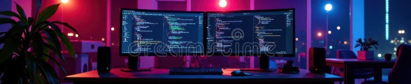 Programmer S Desk With Multiple Monitors Active Coding Session Mouse Web Developer Screens