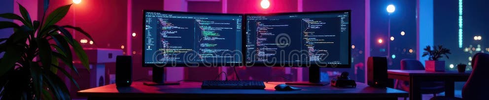 Programmer S Desk with Multiple Monitors, Active Coding Session, Mouse ...