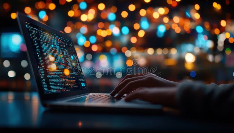 A Programmer S Hands Code on a Laptop at Night, Illuminated by a ...