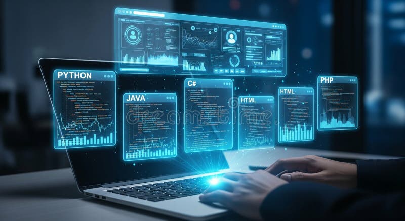 Programmer Working on Laptop with Futuristic Code and Data Visualizations Stock Illustration ...