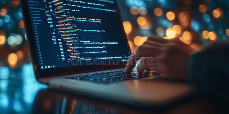 A Programmer S Hands Typing Code on a Laptop with an Illuminated Blue Light in a Dark Room Stock ...