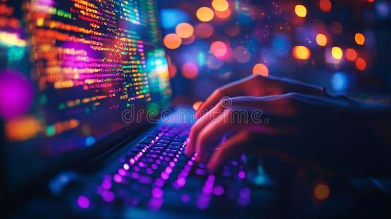 Programmer S Hands Typing Code on Laptop at Night with Neon Lights Stock Illustration ...