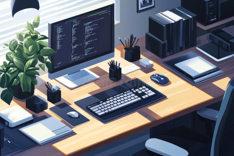 Programmer S Organized Workspace with Coding on Screen and Plants Stock ...