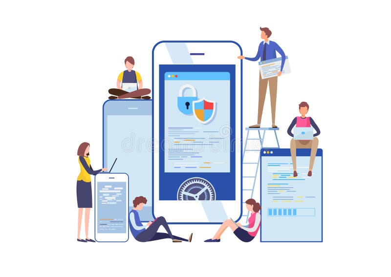 Programmer`s Working with Smartphone Application. Flat Cartoon ...